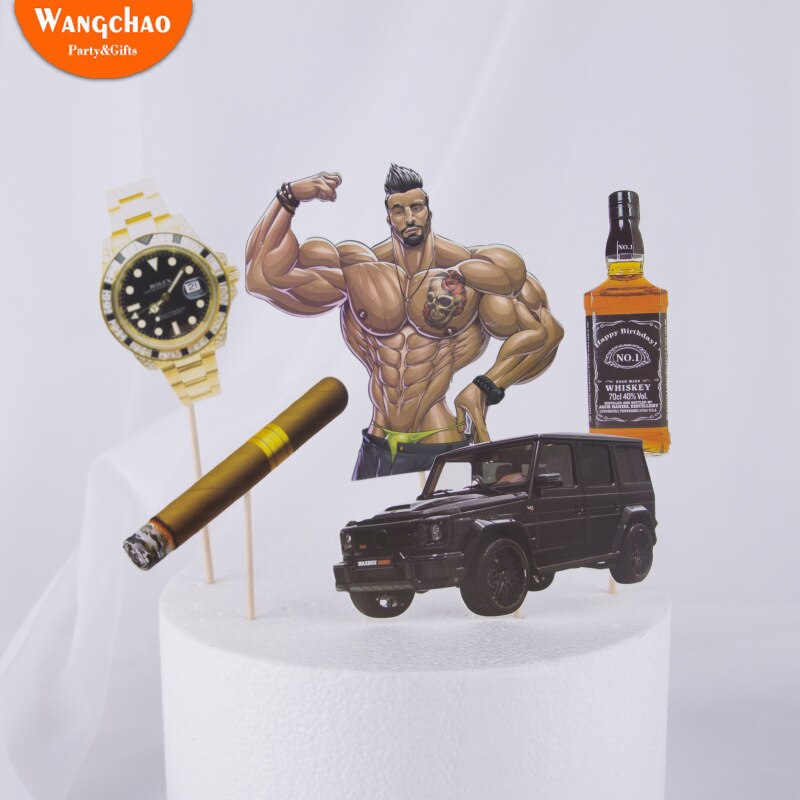 Handsome Muscle Fitness Man Wine Watch Auto/Car Theme Cake Topper Dad ...