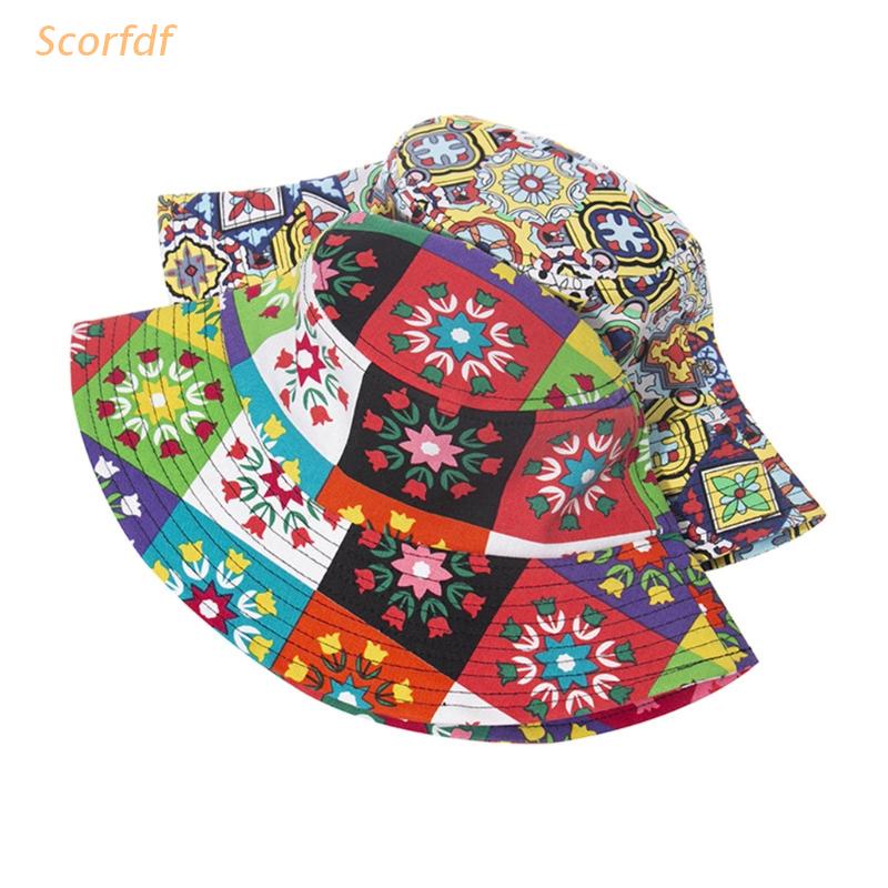 Scorfdf w stylu etnicznym lato kapelusz typu bucket z szerokim rondem wielokolorowy geometryczny ...