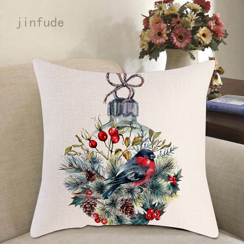 Świąteczna poszewka na poduszkę lniana lasa akwarela krowa szklana kula ...